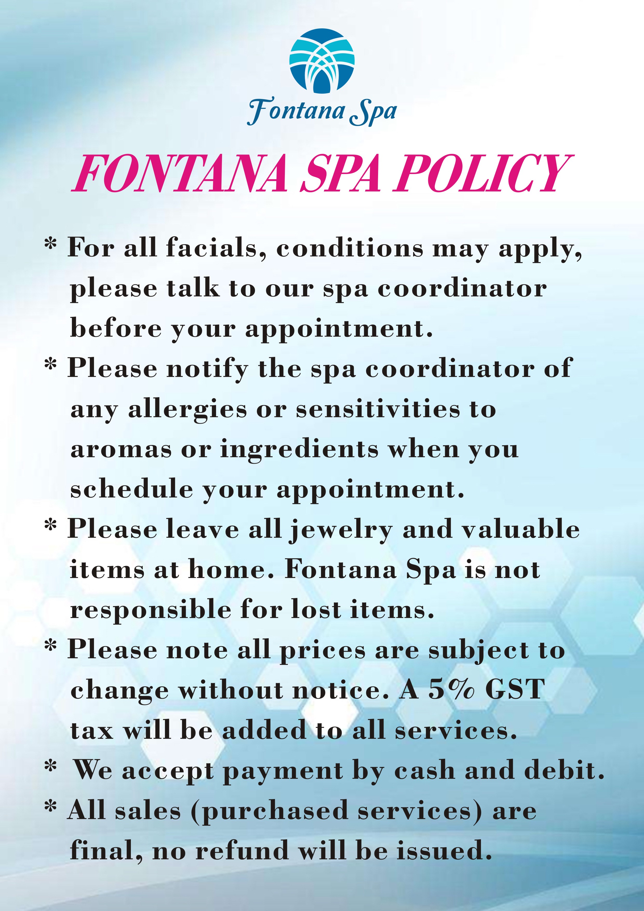 Fontana Spa Policy – Fontana SPA